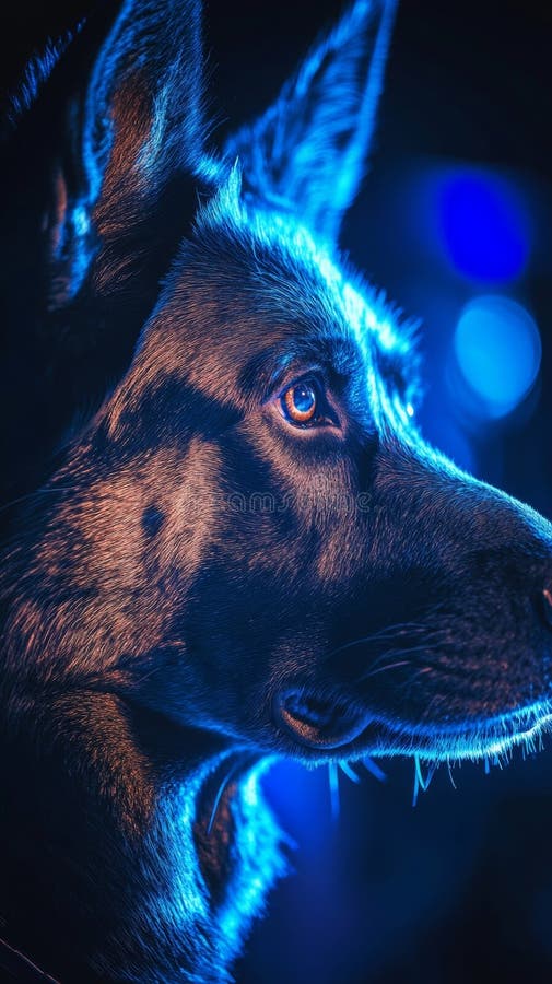 German Shepherd Dog Portrait Under Blue Lighting Stock Image - Image of ...
