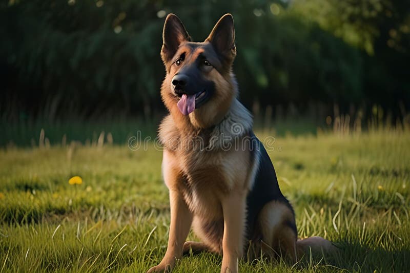German Shepherd Dog Sitting in a Grass Field Stock Image - Image of ...