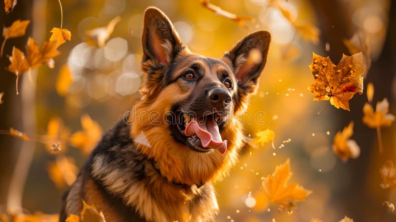 A German Shepherd Dog Sitting in the Leaves of a Tree Stock Photo ...