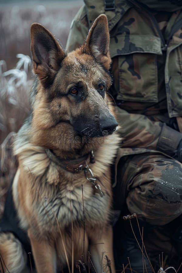 German Shepherd Dog Sitting Next To Soldier in the Field Stock Photo ...