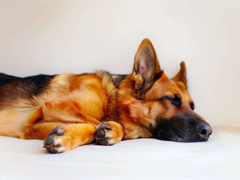 A German Shepherd Dog Sleeping on a White Bed Stock Image - Image of ...