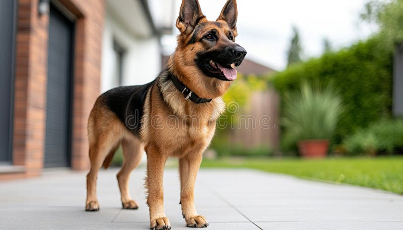 A German Shepherd Dog Standing in Front of a House Stock Image - Image ...