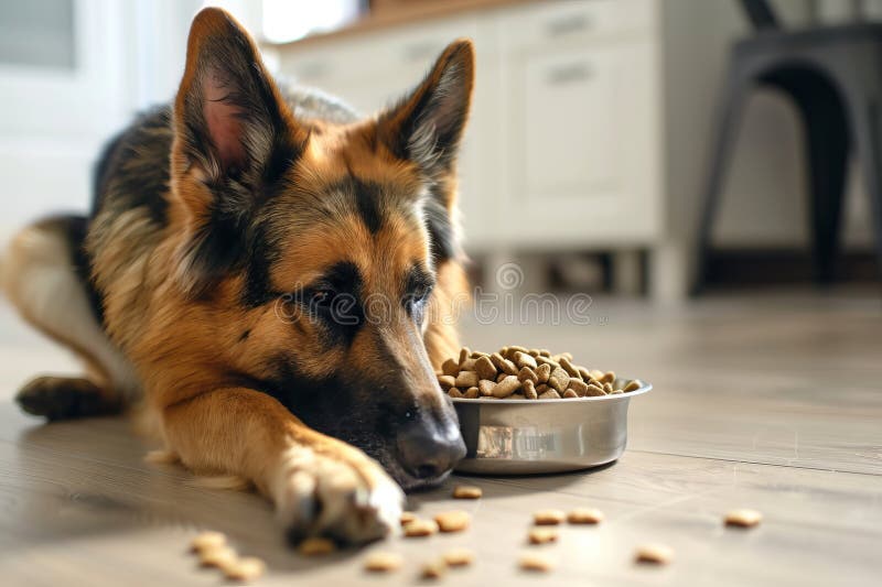 German Shepherd with Food Bowl in Kitchen Stock Image - Image of ...
