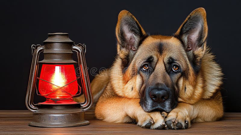 German Shepherd, Lantern, Dark Studio, Resting, Calm Stock Image ...