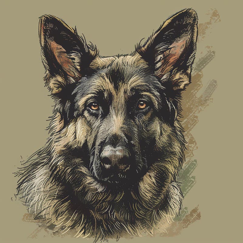 German Shepherd Dog Portrait Sketch, Color Drawing Stock Illustration ...