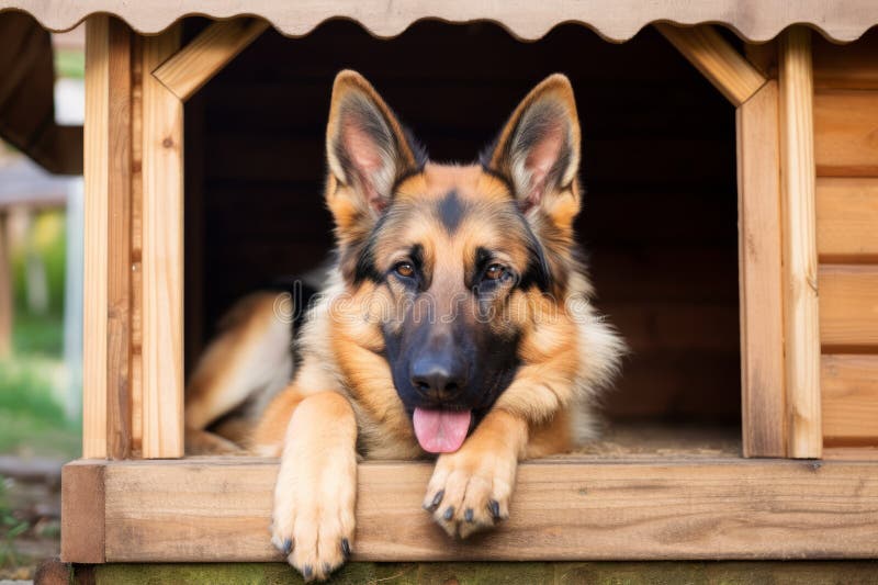 German Shepherd Lying in a Wooden Dog House in the Yard Stock Photo ...