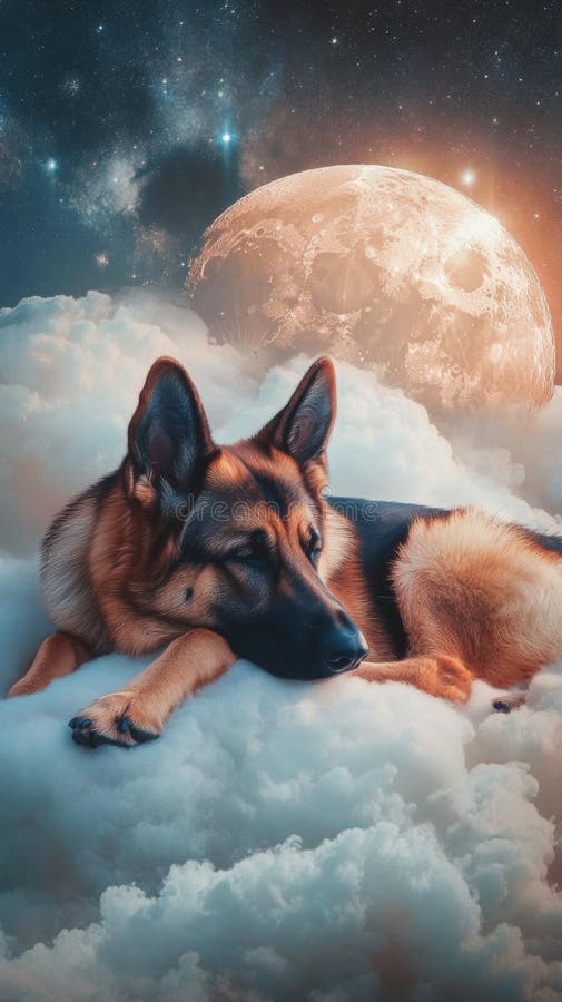 German Shepherd Resting on Clouds Beneath a Glowing Full Moon Stock ...