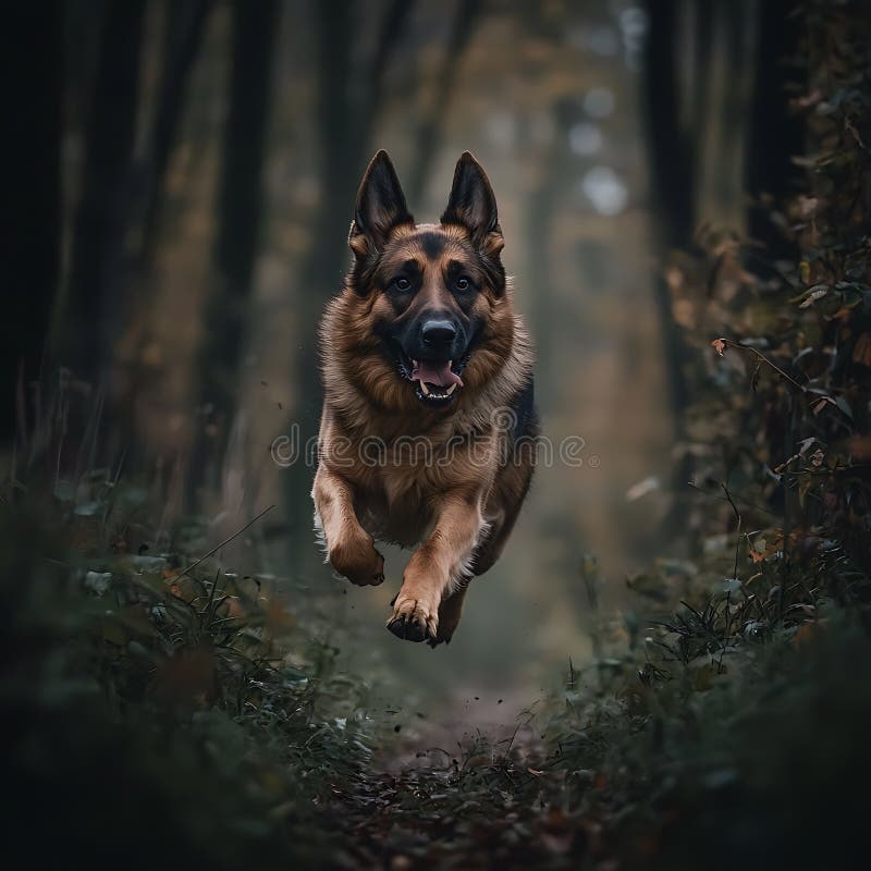 German Shepherd Running through a Forest, Dynamic Action Shot Stock ...