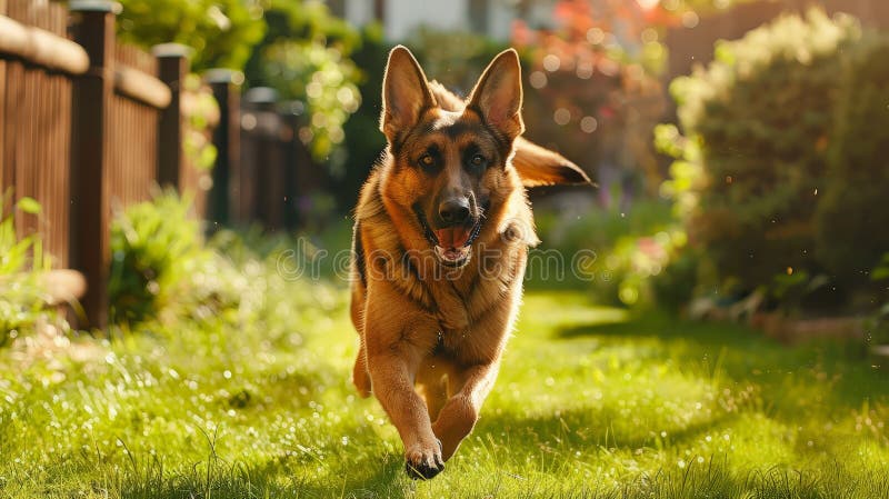 German Shepherd Running through the Grass Stock Photo - Image of happy ...