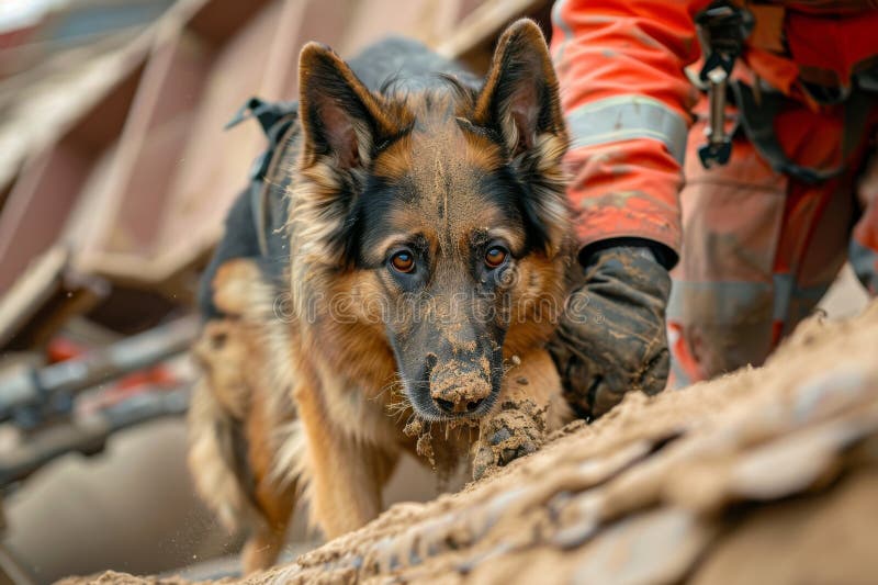 German Shepherd in Search and Rescue Training with Handler Amidst ...