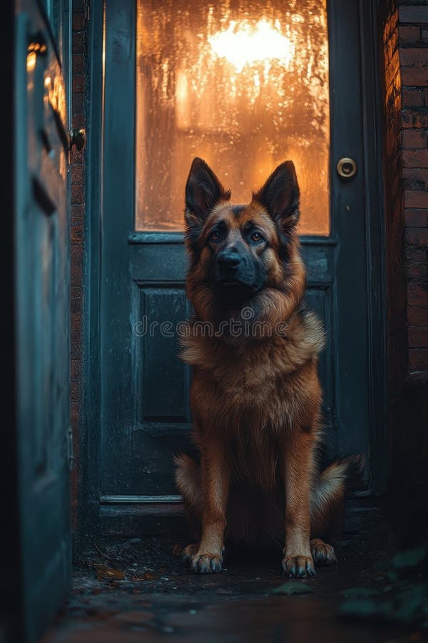 The German Shepherd Sits in Front of the Door and Guards it. a Guard ...