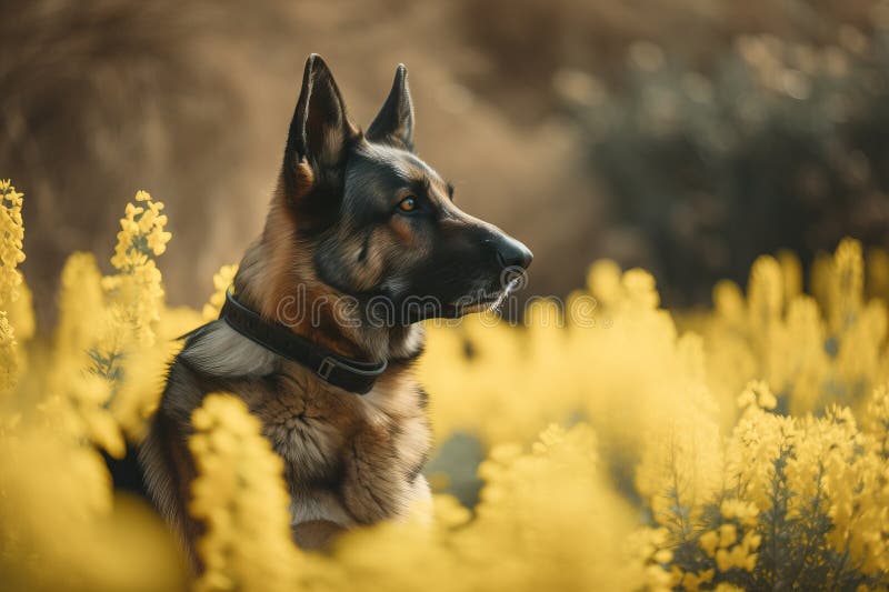 A German Shepherd Sitting in a Field of Yellow Wildflowers Stock ...