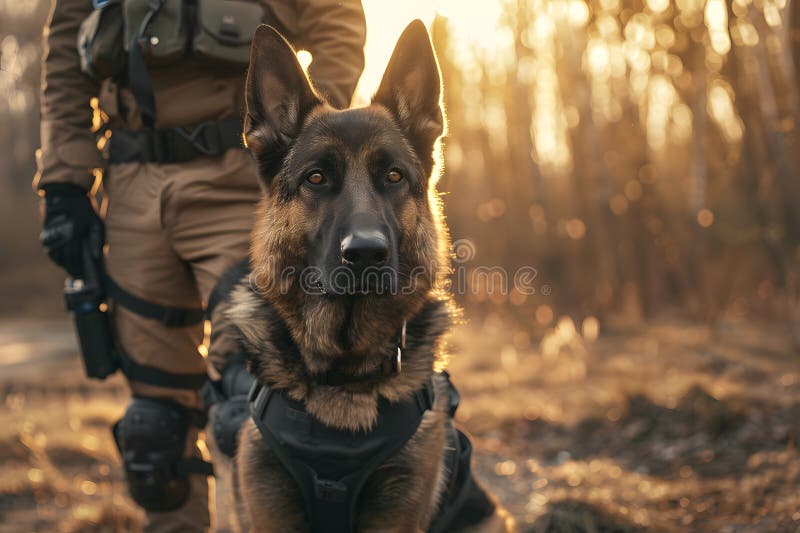 German Shepherd Standing beside Its Handler in Tactical Gear Stock ...