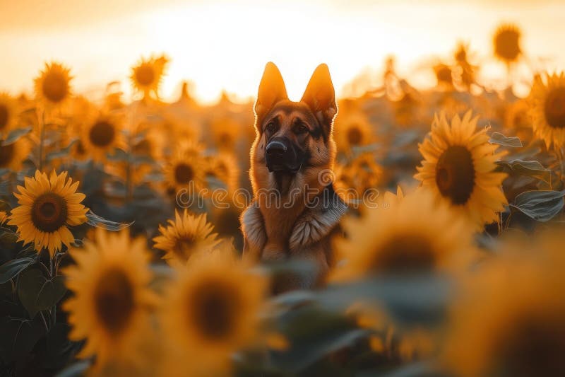 German Shepherd Standing in a Vibrant Sunflower Field at Sunset Stock ...