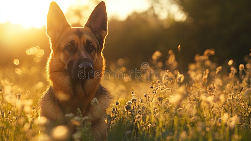 German Shepherd Sunset Field Portrait, Summer Stock Photo - Image of ...