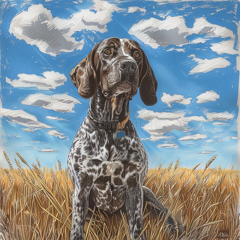 German Shorthaired Pointer Dog in the Field Portrait Sketch, Drawing ...