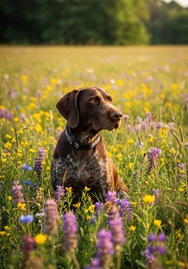 German Shorthaired Pointer in a Vibrant Flower Field Stock Illustration ...