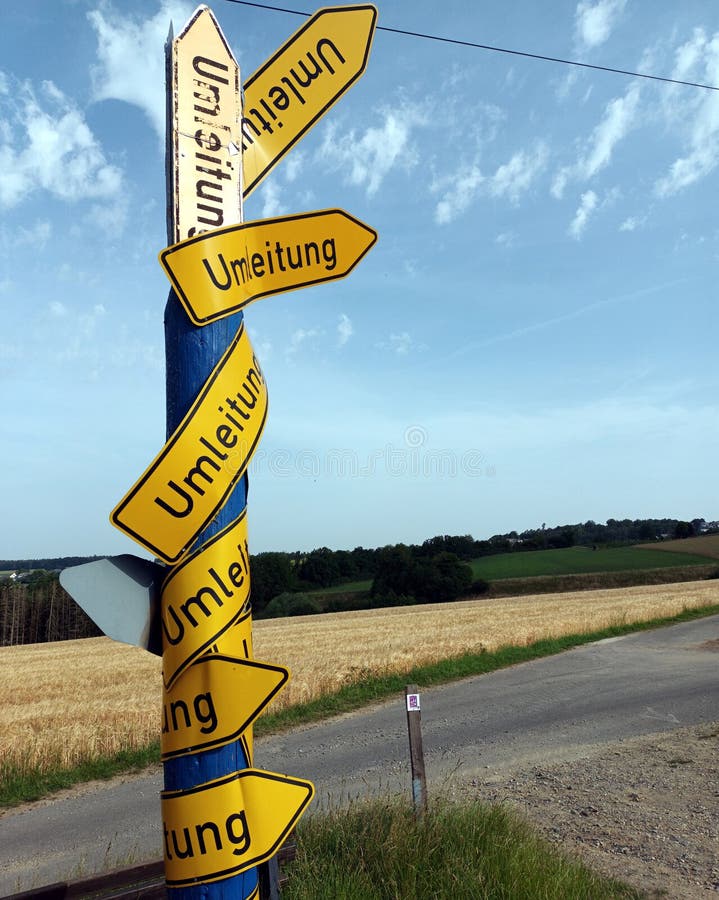 German Signs Umleitung on Post in Front of Blue Sky Editorial Photo ...