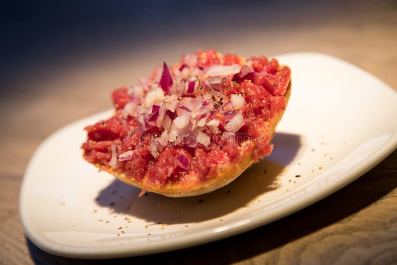 German Snack Buns with Raw Minced Beef Tatar Meat, Pepper and Onions on ...