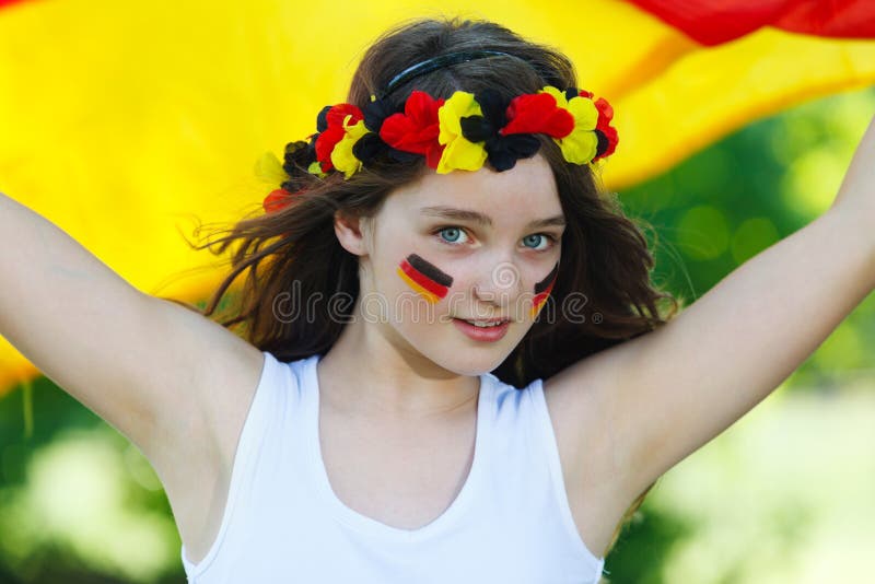 German Soccer Fan Waving Her Flag Stock Photo - Image of garden, girl ...