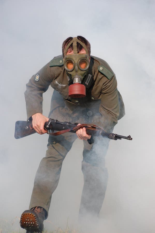 German Soldier in Gas Mask . WW2 Reenacting Stock Image - Image of ...