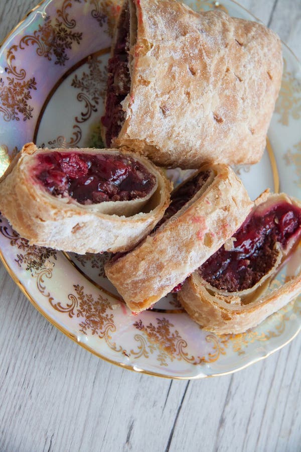 German strudel with cherry stock photo. Image of german - 74059610