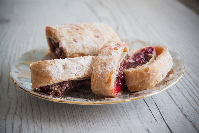 German strudel with cherry stock photo. Image of closeup - 77024158