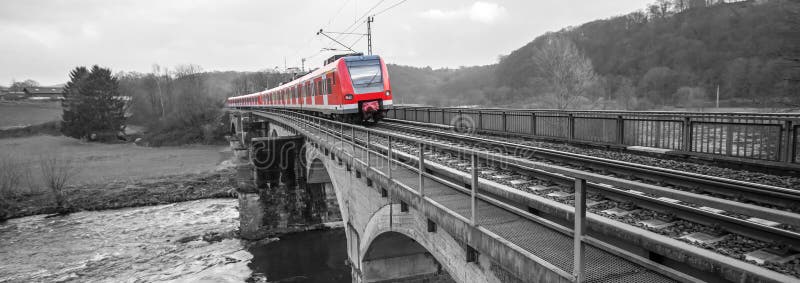 German Train on a Bridge in Black and White Stock Image - Image of ...
