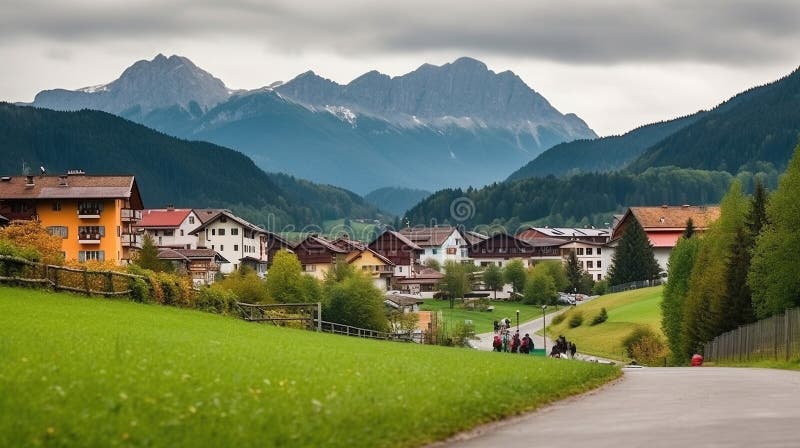 German Village in an Alpine Mountain Landscape. Generative AI Stock ...