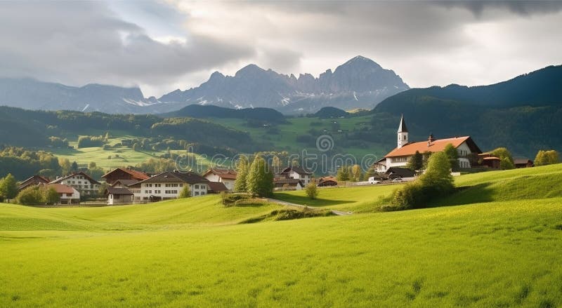 German Village in an Alpine Mountain Landscape. Generative AI Stock ...
