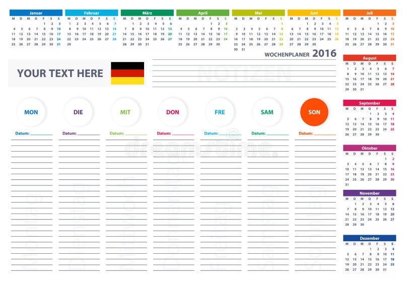 2016 German Week Planner Calendar Vector Design Template Stock Vector ...