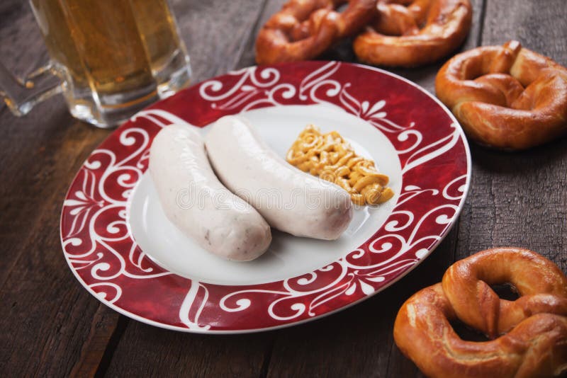 German White Sausage with Mustard and Pretzel Stock Photo - Image of ...