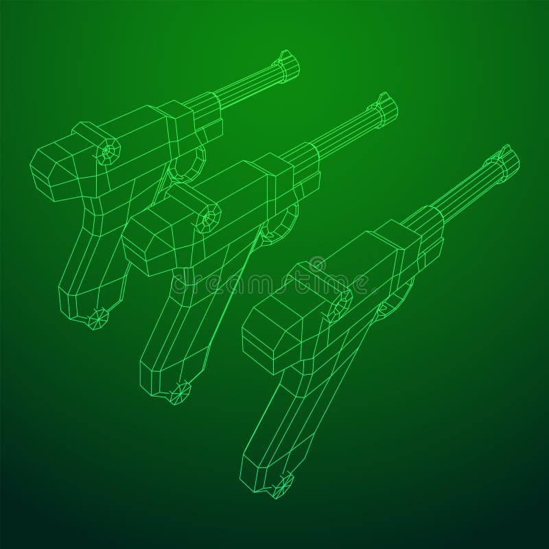 German World War Military Firearm Pistol. Wireframe Low Poly Vector ...