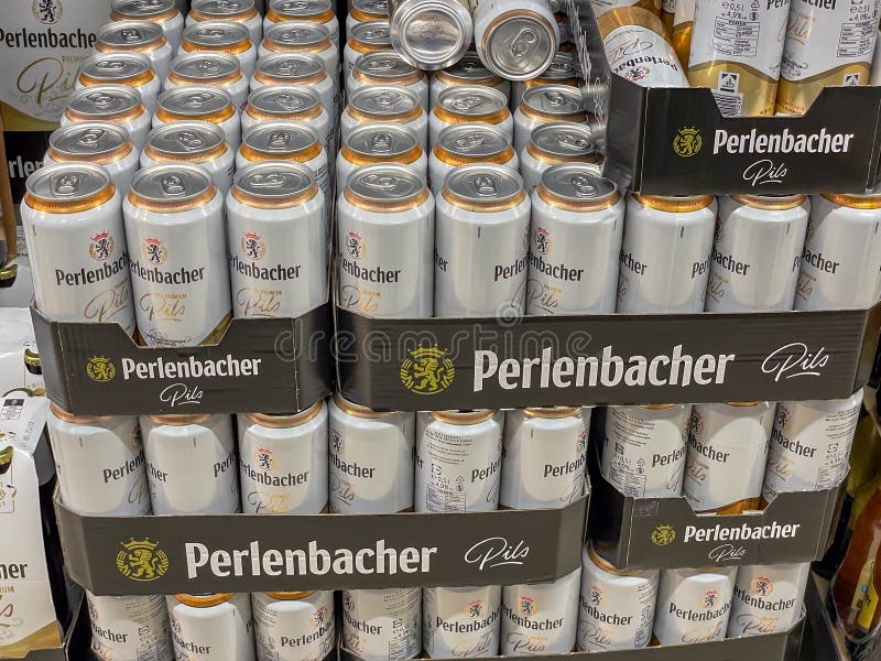 Germany Berlin August 23, 2024. a Stack of Perlenbacher Beer Cans ...