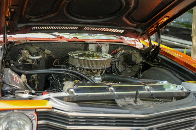 Germany Berlin May 11, 2025. Engine Compartment of a Classic US Car ...