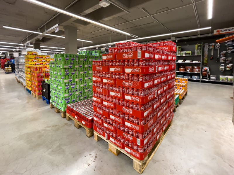 Germany Berlin May 11, 2024. a Stack of Coca-cola Cans in a Store ...