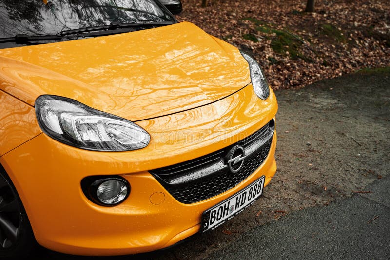 Germany, Bocholt, April 28, 2022: the Front End is a Bright Yellow Opel ...