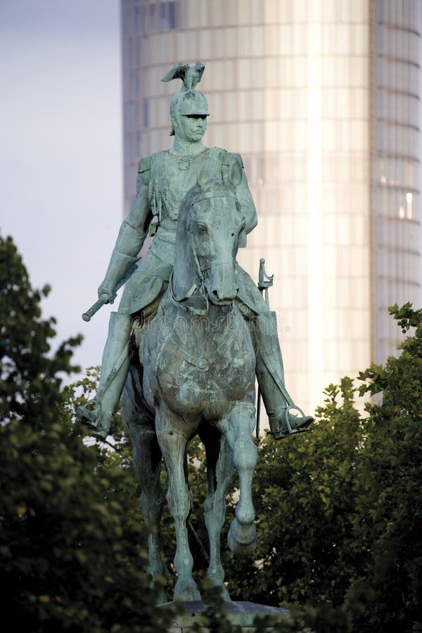 Germany, Cologne, Emperor Wilhelm Statue in Front of Triangle High Rise ...
