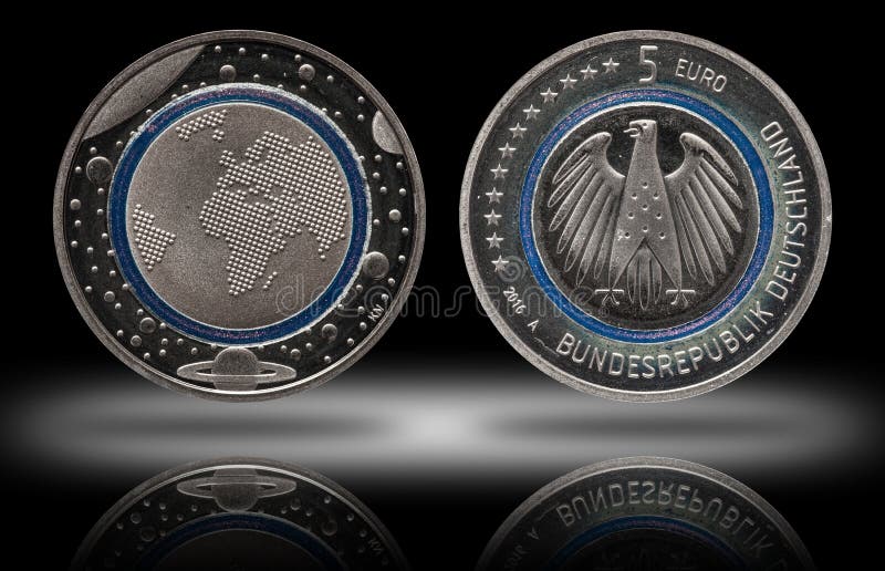 Germany Five Euro Coin with Planets and Blue Polymer Ring Stock Photo ...