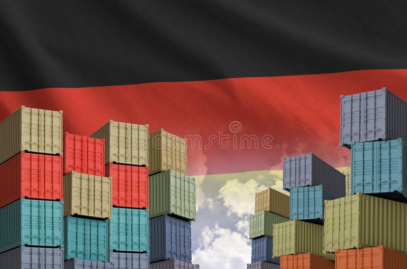 Germany Flag and Big Stack of Shipping Cargo Containers in Docks with ...