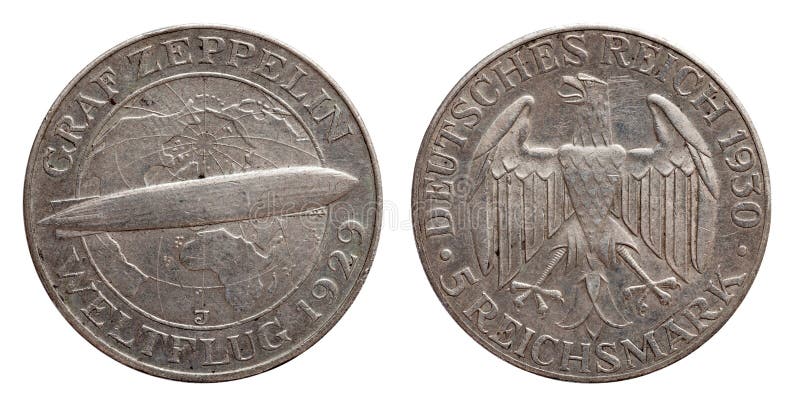 Germany German Silver Coin 5 Five Mark Zeppelin Weimar Republic Stock ...
