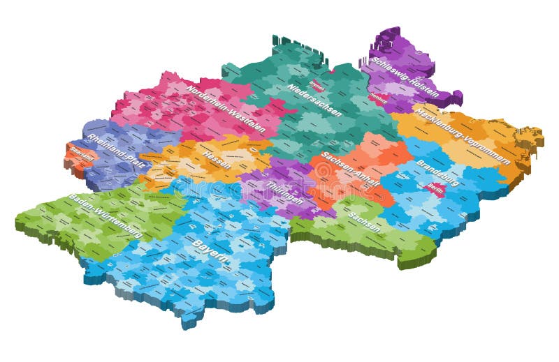 Germany Isometric Map Colored by States and Administrative Districts ...