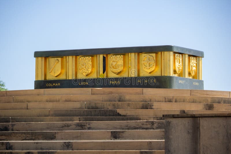 Germany, 12, June, 2024: Monument with Gold Details and City Names on ...