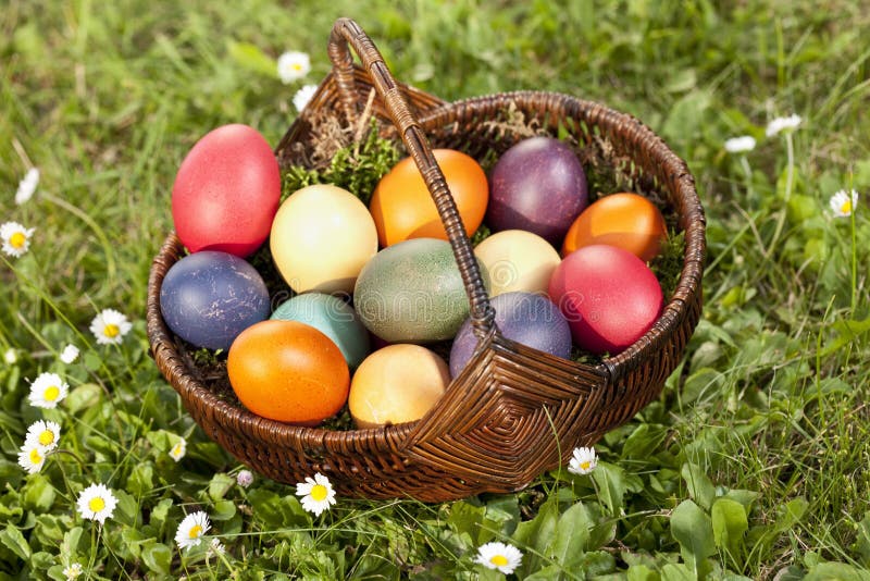 Germany, Lower Bavaria, Variety of Easter Eggs in Basket on Grass Stock ...