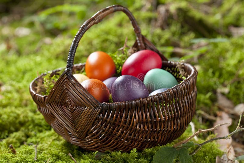 Germany, Lower Bavaria, Variety of Easter Eggs in Basket on Moss Stock ...