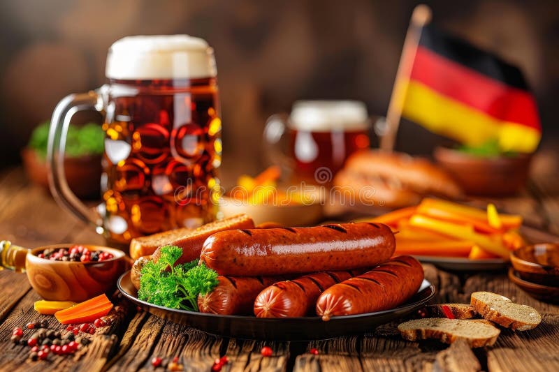 Germany Traditional Food. Beer and Sausages with Germany Flag on the ...