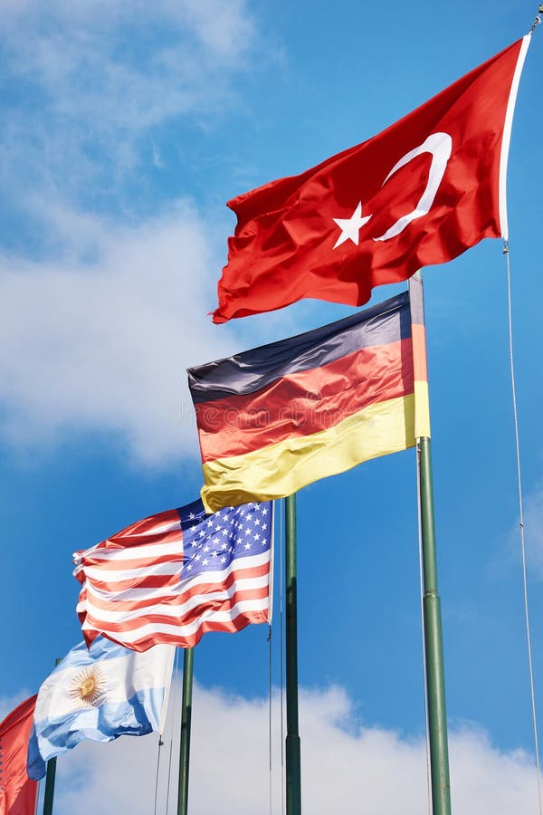 Germany, USA, Turkey, Argentina Flags on Sky Stock Image - Image of ...