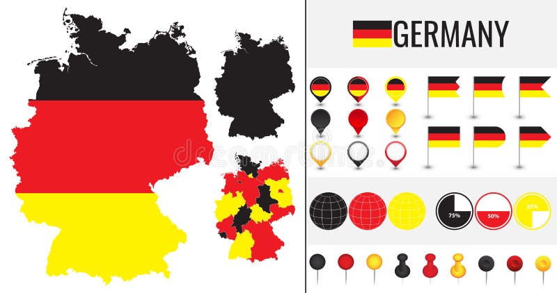 Germany Vector Map with Flag, Globe and Icons on White Background Stock ...