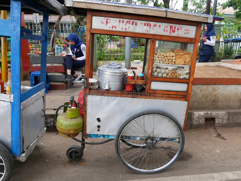 Gerobak Selling Street Food In Indonesia Selling Bakso Malang