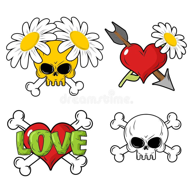 Gesetzte Elemente Der Liebe Und Des Todes Schädel Und Rotes Herz Vektor ...